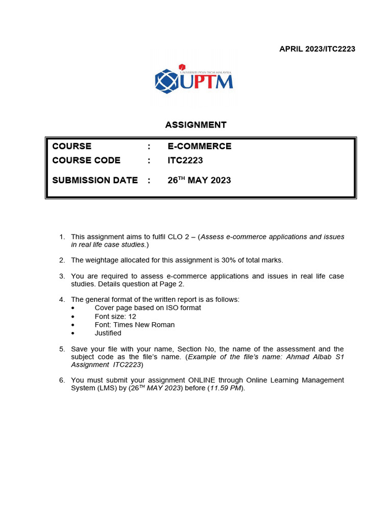 ASSIGNMENT - E-COMMERCE (ITC2223) - Updated-0423 | PDF | E Commerce | Business