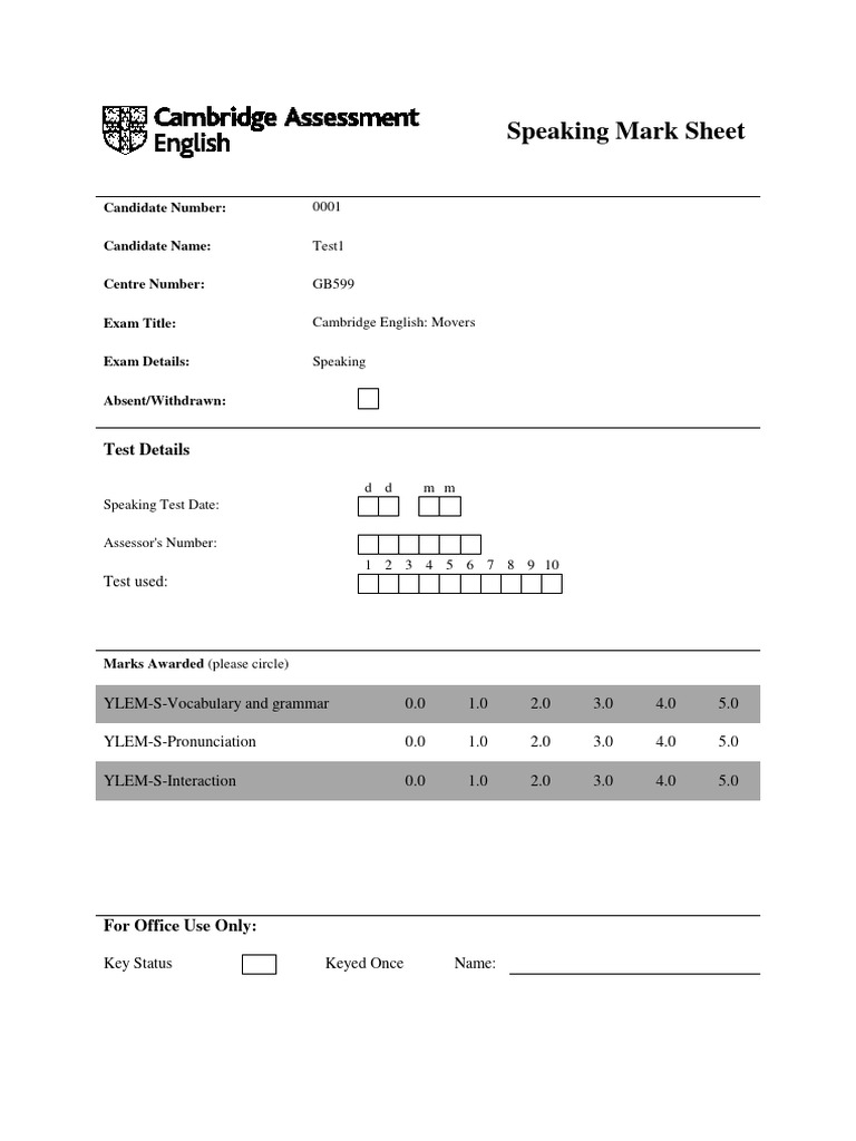 Speaking Mark Sheet - Movers (In 2 Mặt) | PDF | Career & Growth | Technology & Engineering