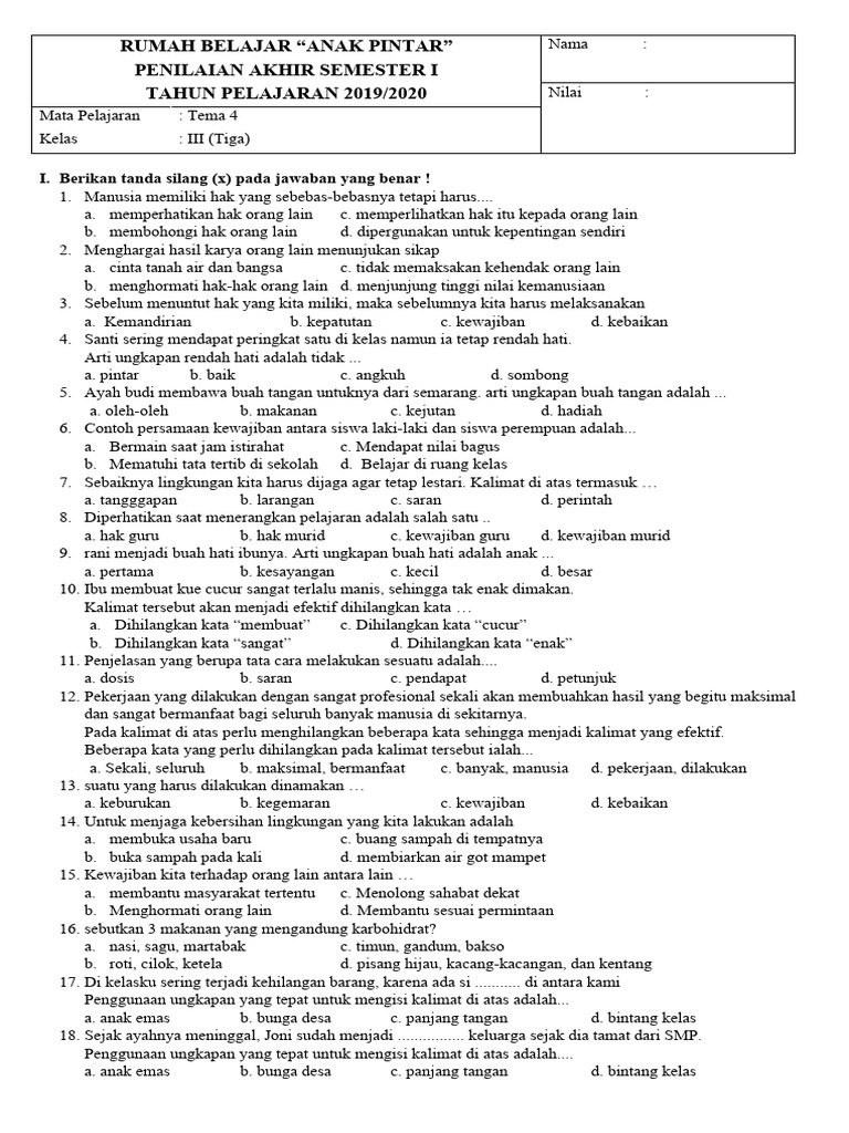 Soal Pas Kelas 3 Tema 4 | PDF