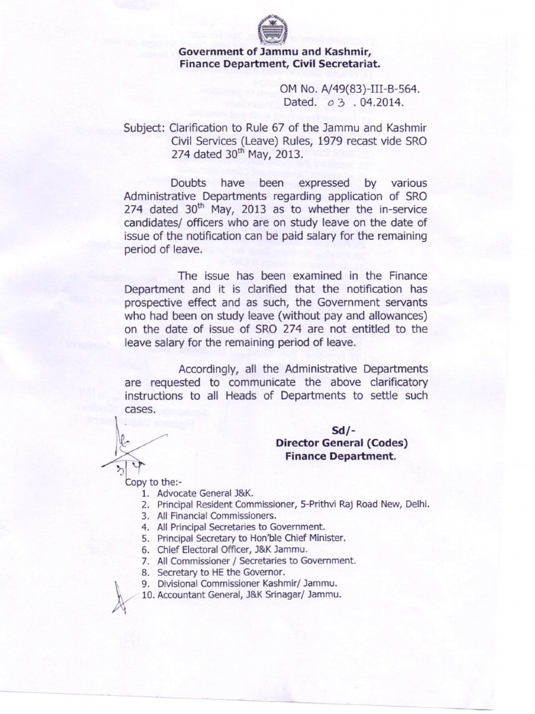 Clarification To Rule 67 of J&K Civil Services (Leave) Rules 1979 ...