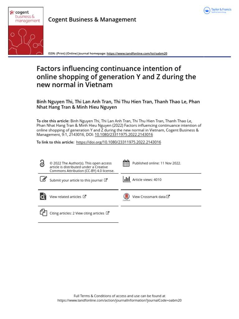 Factors influencing continuance intention of online shopping of generation Y and Z during the ...