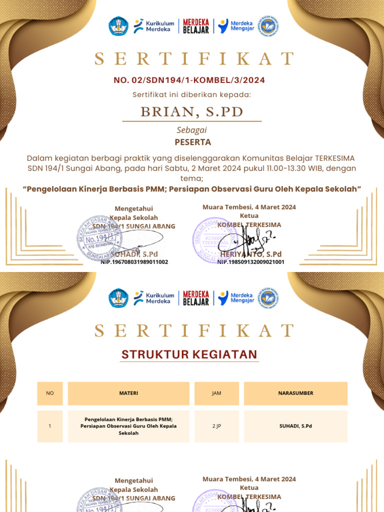 Contoh Setifikat Kombel Materi PMM | PDF