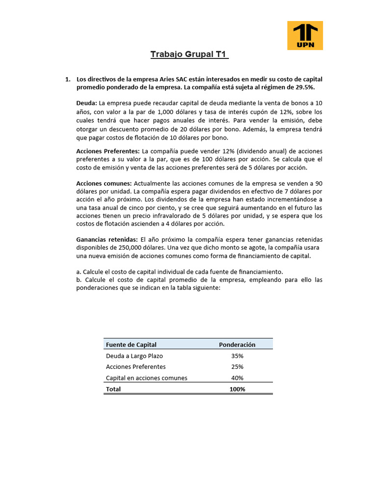Trabajo Grupal T1 - Analisis de Inversion y Financiamiento | PDF | Compartir (Finanzas ...