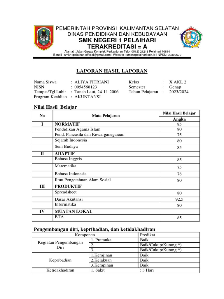 Laporan Hasil Belajar Aliya | PDF