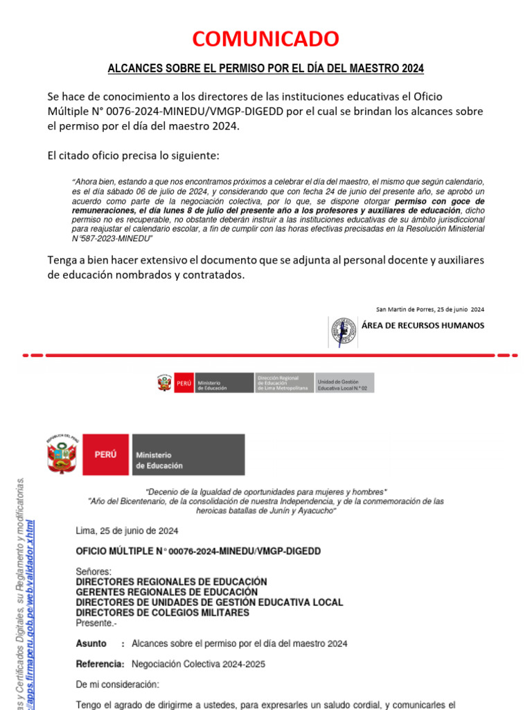 Comunicado Alcances Sobre El Permiso Por El Dia Del Maestro | PDF | Acuerdo colectivo | Gobierno
