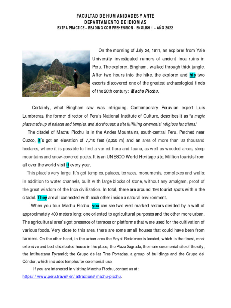 EXAMEN DE PRACTICA (4) - READING COMPREHENSION + WRITING (Machu Pichu ...