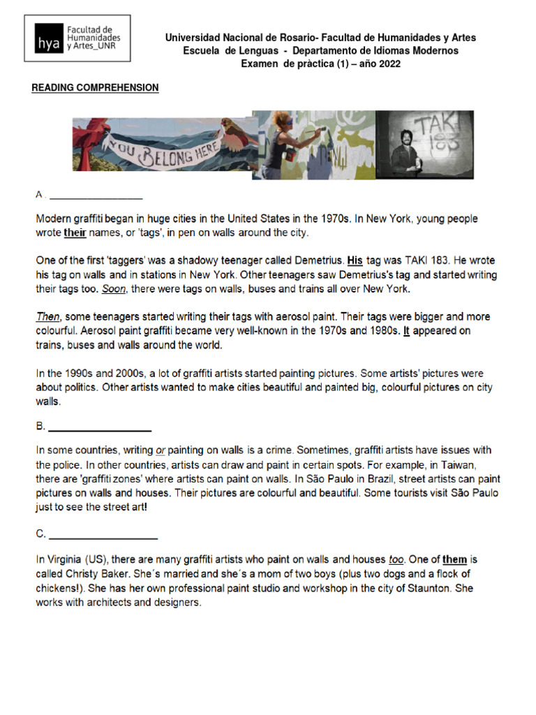 EXAMEN DE PRACTICA (1) - READING COMPREHENSION INGLES 1 Graffiti | PDF ...