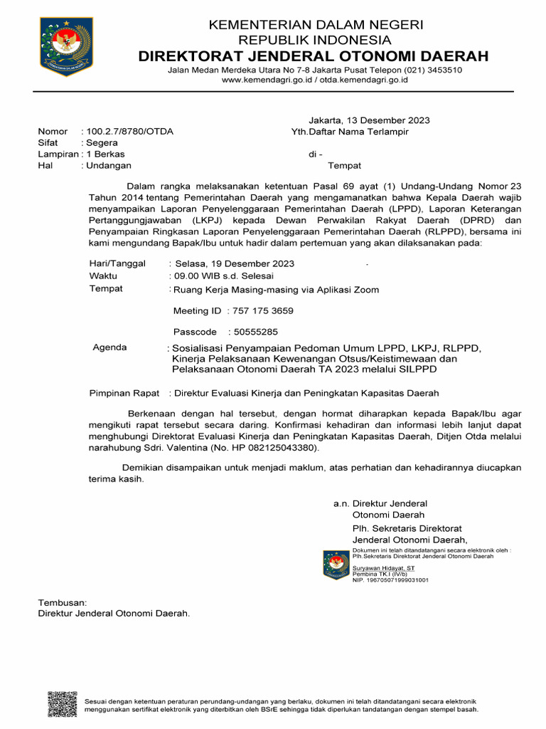 Undangan 19 Desember 2023 Sosialisasi LPPD LKPJ | PDF