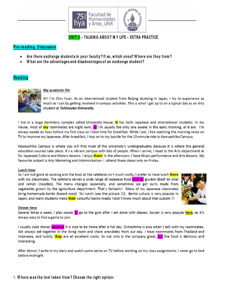 Unit 2 Extra Practice Reading Comprehension (Chinese Student) Present Simple | PDF