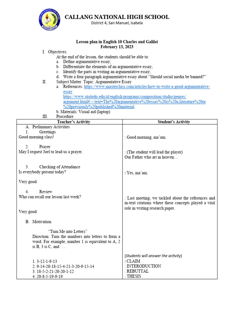Argumentative Essay Lessonplan | PDF | Essays | Evidence
