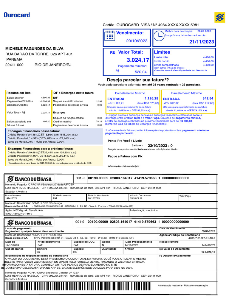 Fatura BB Nova | PDF | Crédito rotativo | Cartão de crédito