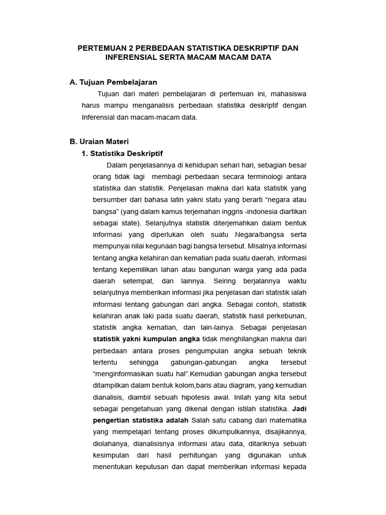 Pertemuan 2 Perbedaan Statistika Deskriptif Dan Inferensial Serta Macam Macam Data | PDF