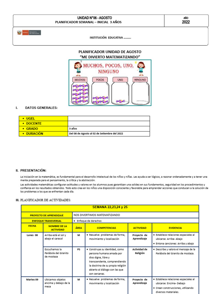 3 Años - Agosto Planificador | PDF | Aprendizaje