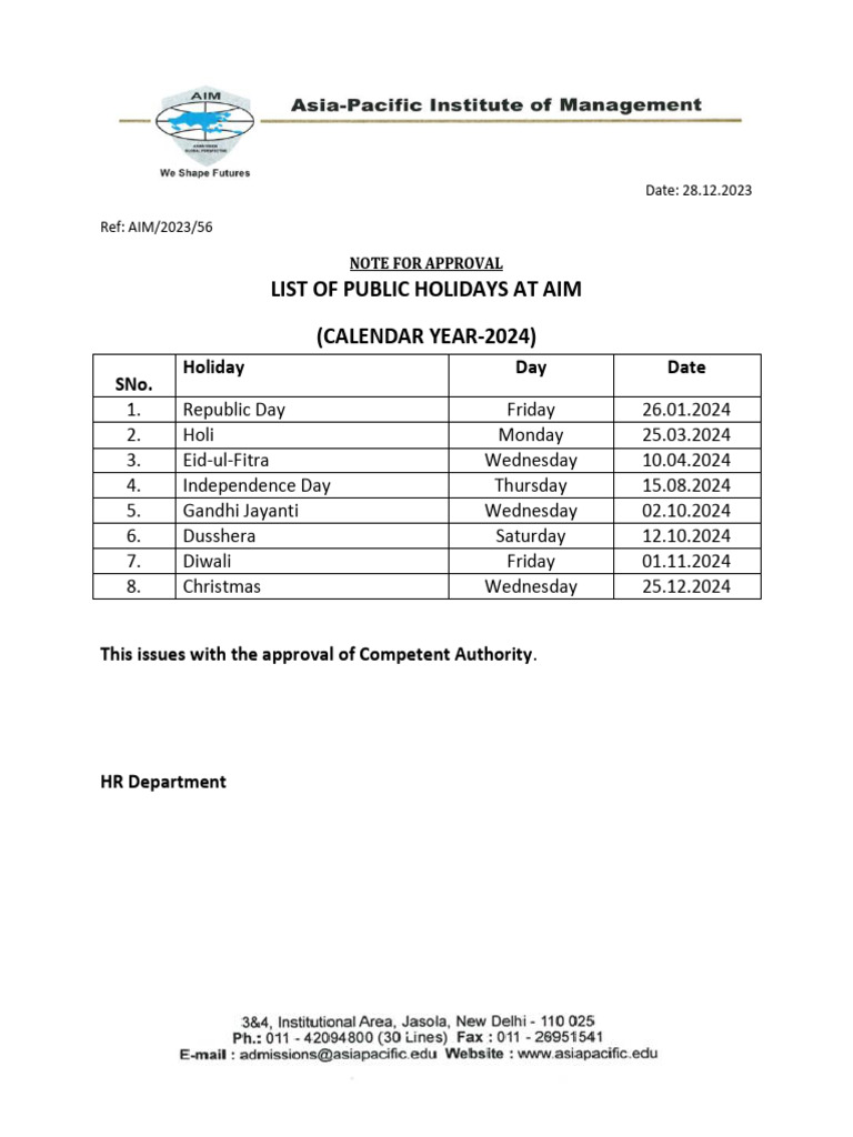 Public Holiday List 2024. | PDF