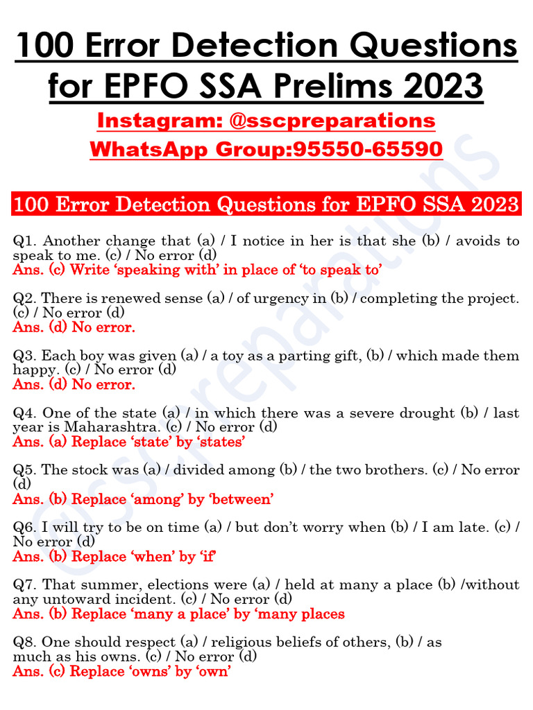 100 Error Detection Questions For EPFO SSA 2023 | PDF | Noun | Verb