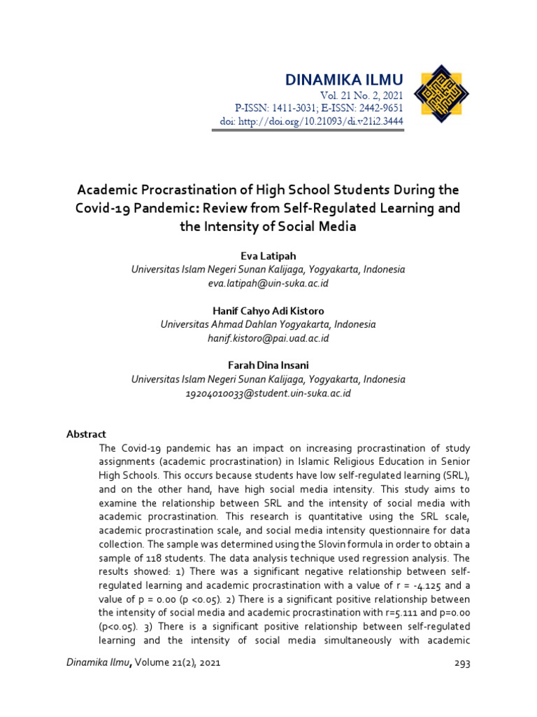Academic Procrastination of High School Students During The Covid - 19 Pandemic - Review | PDF ...