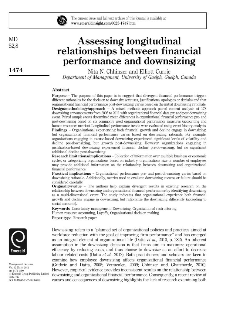 Assessing Longitudinal Relationships Between Financial Performance and Downsizing | PDF | Layoff ...