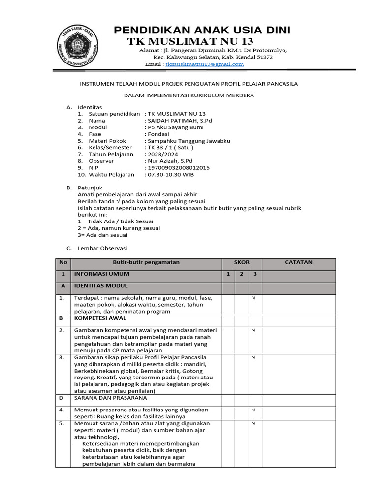 Instrumen Telaah Modul P5 PMM SAIDAH BARU | PDF