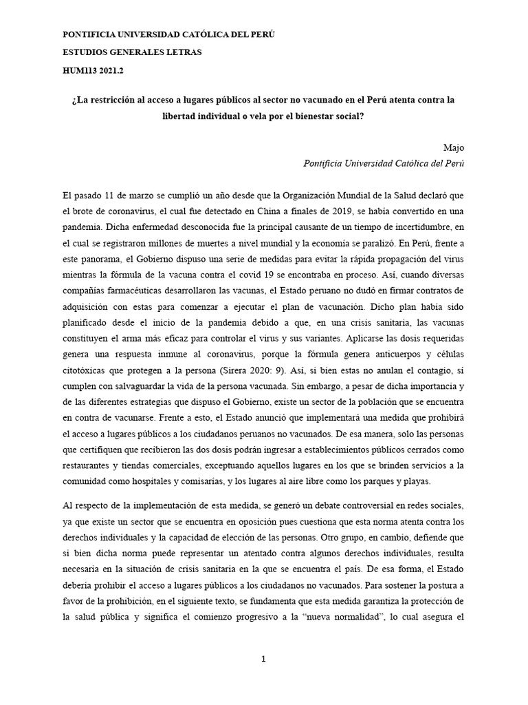 ¿La Restriccion Al Acceso A Lugares Publicos Al Sector No Vacunado en ...