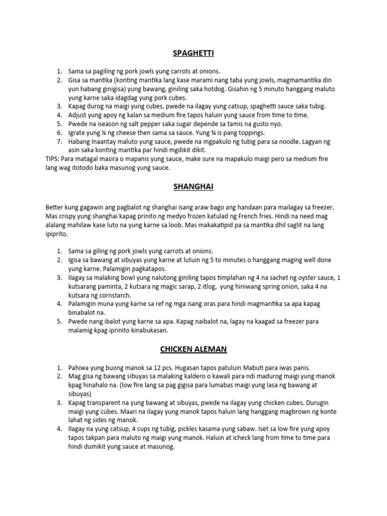 MENU COOKING PROCEDURE | PDF