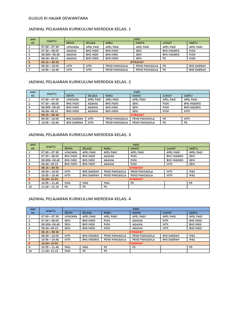 Jadwal Pelajaran Kurikulum Merdeka Pdf