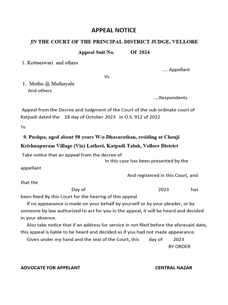 Appeal Notice for Vellore District Court | PDF
