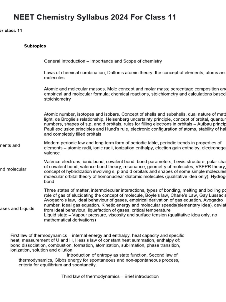 NEET 2024 Class 11 Chemistry Syllabus | PDF | Chemical Reactions ...