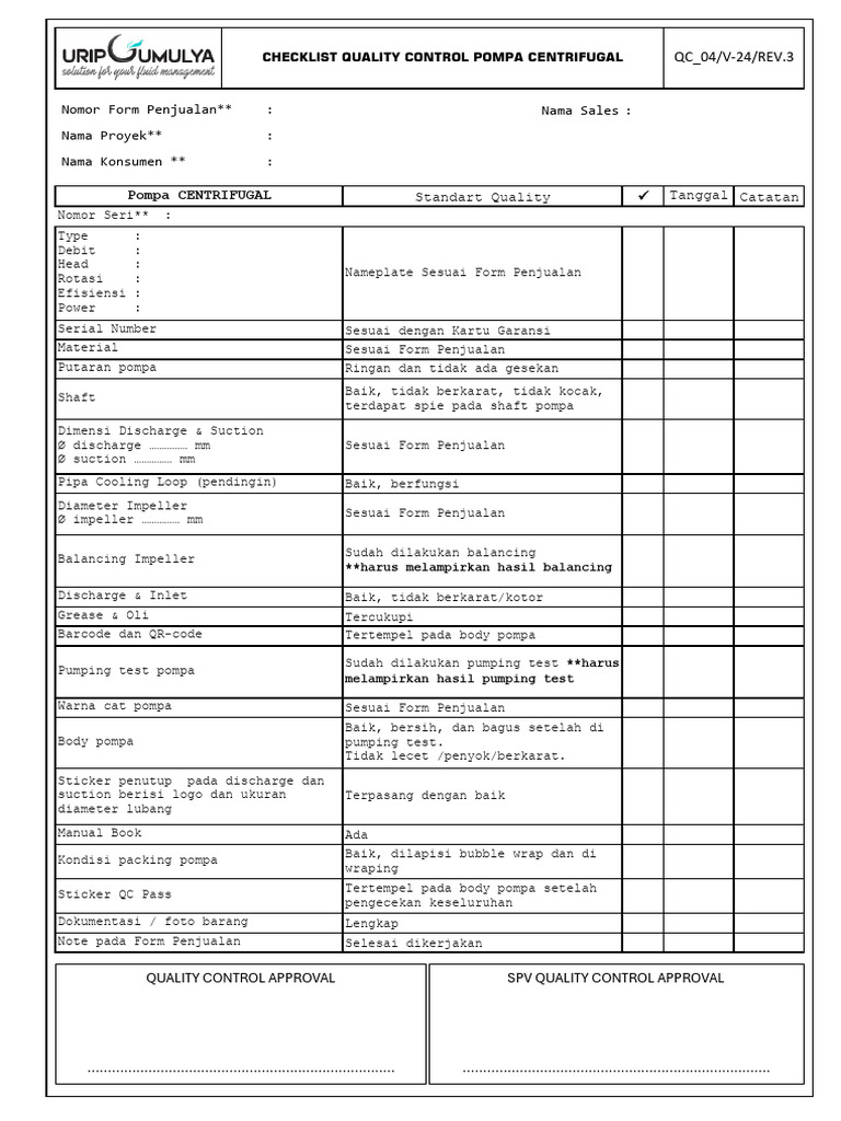 Checklist Quality Control Pompa Centrifugal | PDF