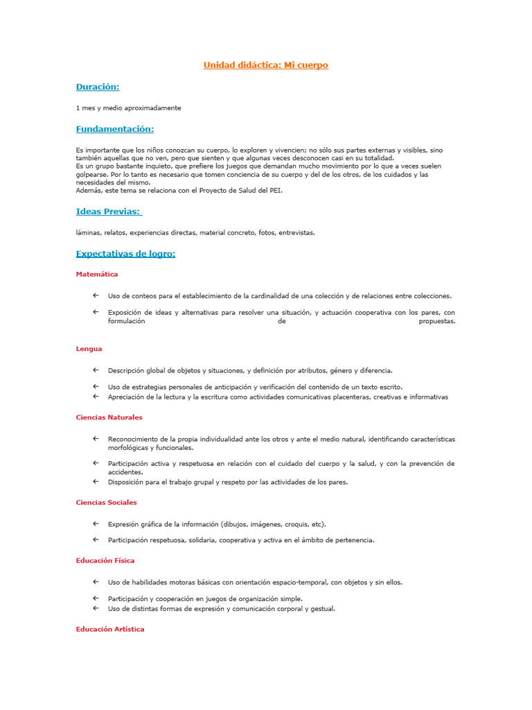 Unidad Didáctica Mi Cuerpo | PDF | Dieta | Laboratorios