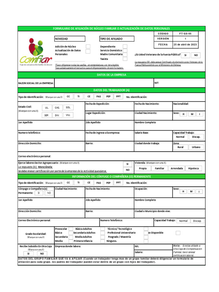 Formulario Afiliaciòn Nucleo Familiar | PDF | Documento de identidad ...