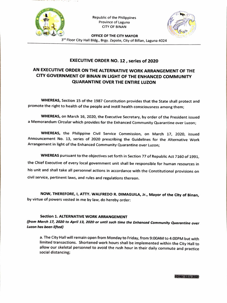 EO NO 12 (Alternative Work Arrangement in Govt) | PDF | Employment