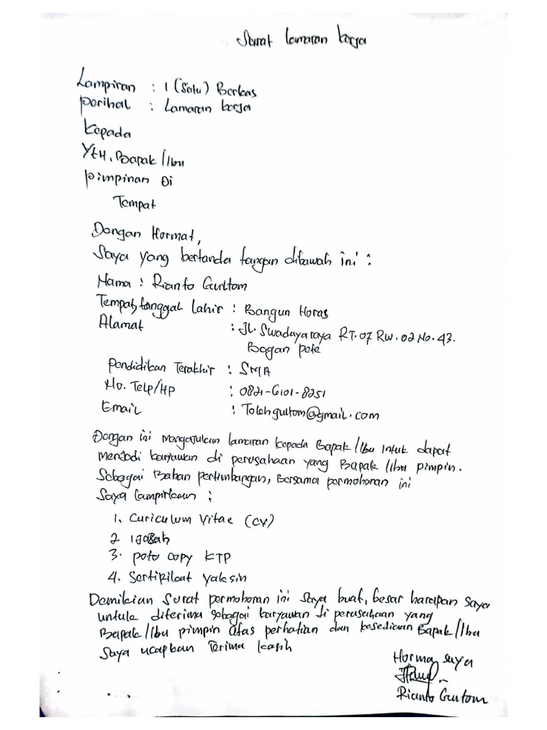 Tulis Tangan Lamaran Rianto | PDF