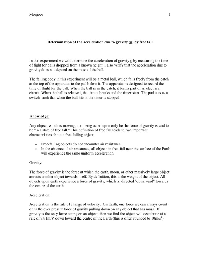 Determination of The Acceleration Due To Gravity (G) by Free Fall | PDF