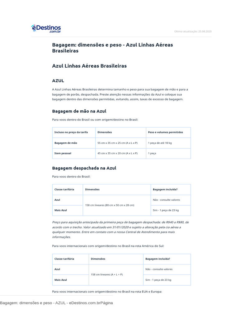 Dimensões da Bagagem Azul Linhas Aéreas | PDF