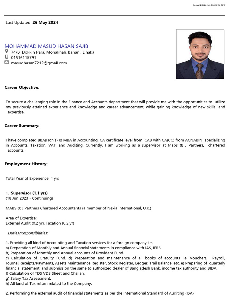 Finance and Accounting CV of Mohammad Masud Hasan Sajib | PDF ...
