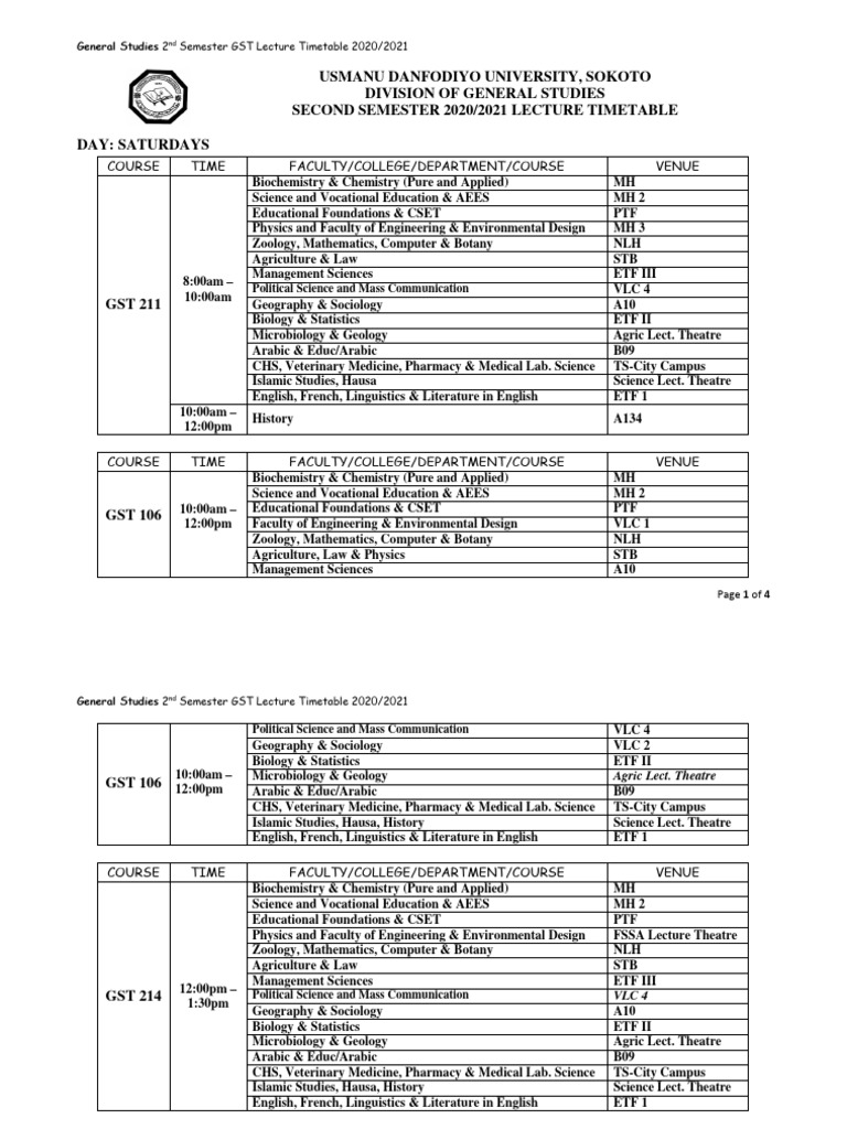 2nd Semester 2020-2021 GST Lecture Timetable | PDF | Science