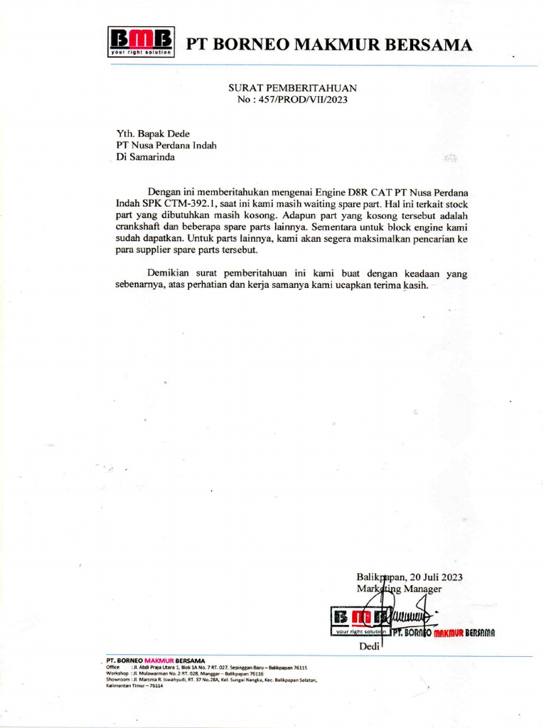 Surat Pemberitahuan PT Nusa Perdana Indah SPK CTM-392 | PDF