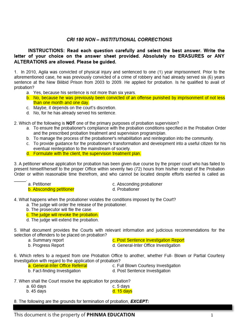 Non-Institutional Corrections Q&A Review | PDF | Probation | Pardon
