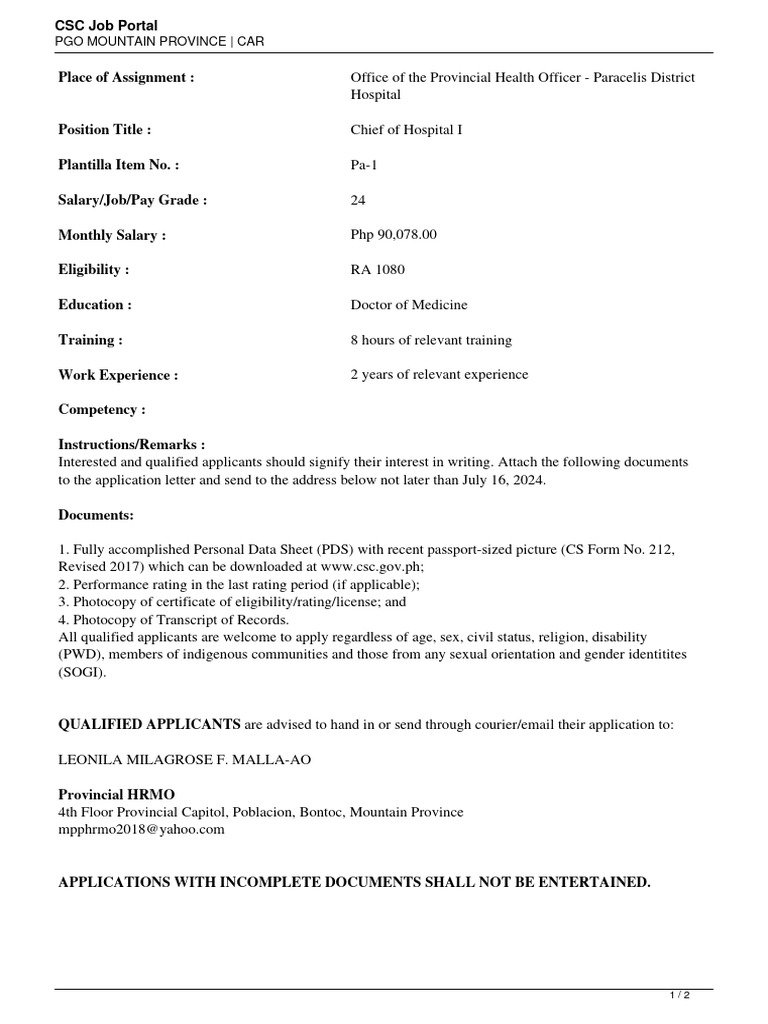 PGO MOUNTAIN PROVINCE-Chief of Hospital I | PDF