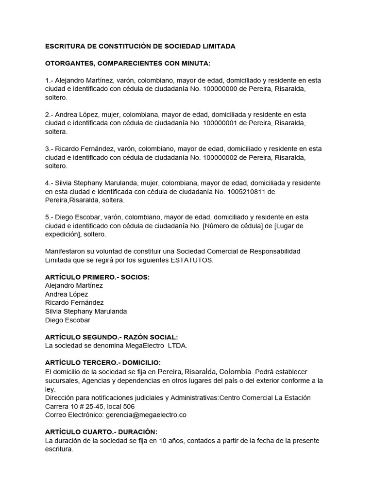 Escritura de Constitución de Sociedad Limitada Megaelectro | PDF | Documento de identidad | Colombia