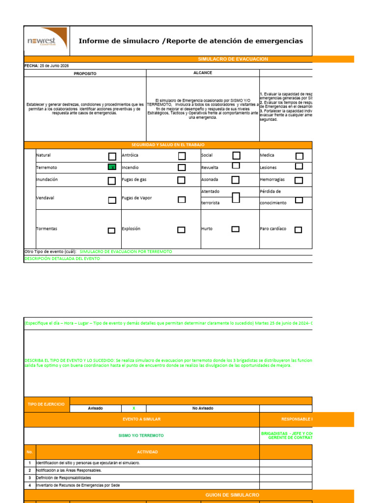 Producto Informe de Simulacro Reporte Atenciã N de Emergencias NEWREST ...