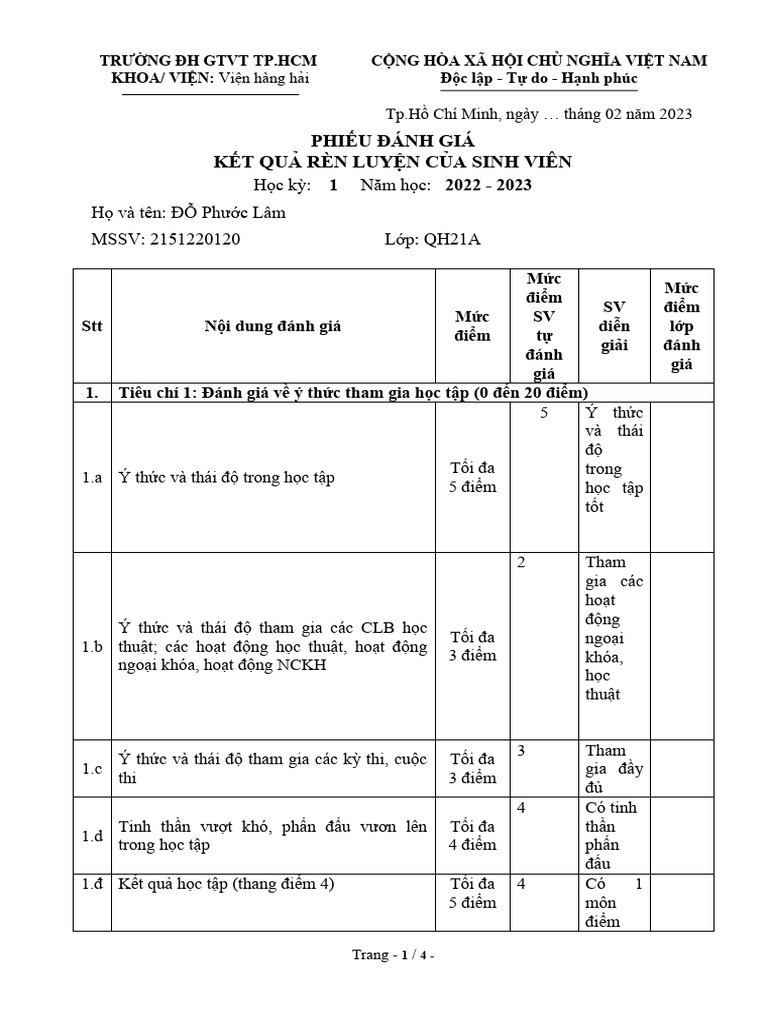 Thong Bao 57 Danh Gia Ket Qua Ren Luyen Hoc Ky 1 Nam Hoc 2022 2023 Phieu Tu Danh Gia | PDF