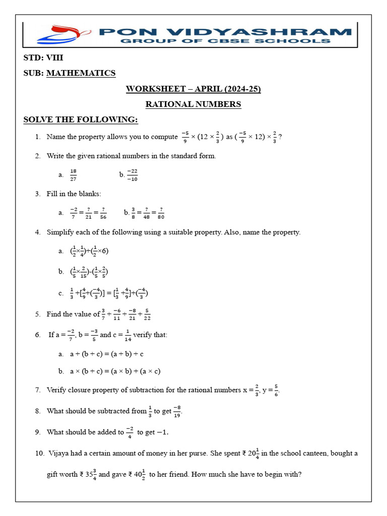 Maths Worksheet Grade 8 Chapter - 1. Rational Numbers | PDF | Mathematics