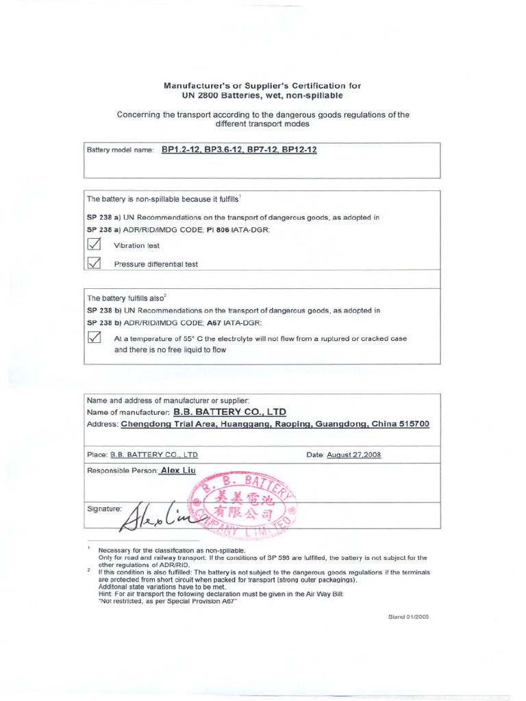 UN2800 Certification Transport | PDF