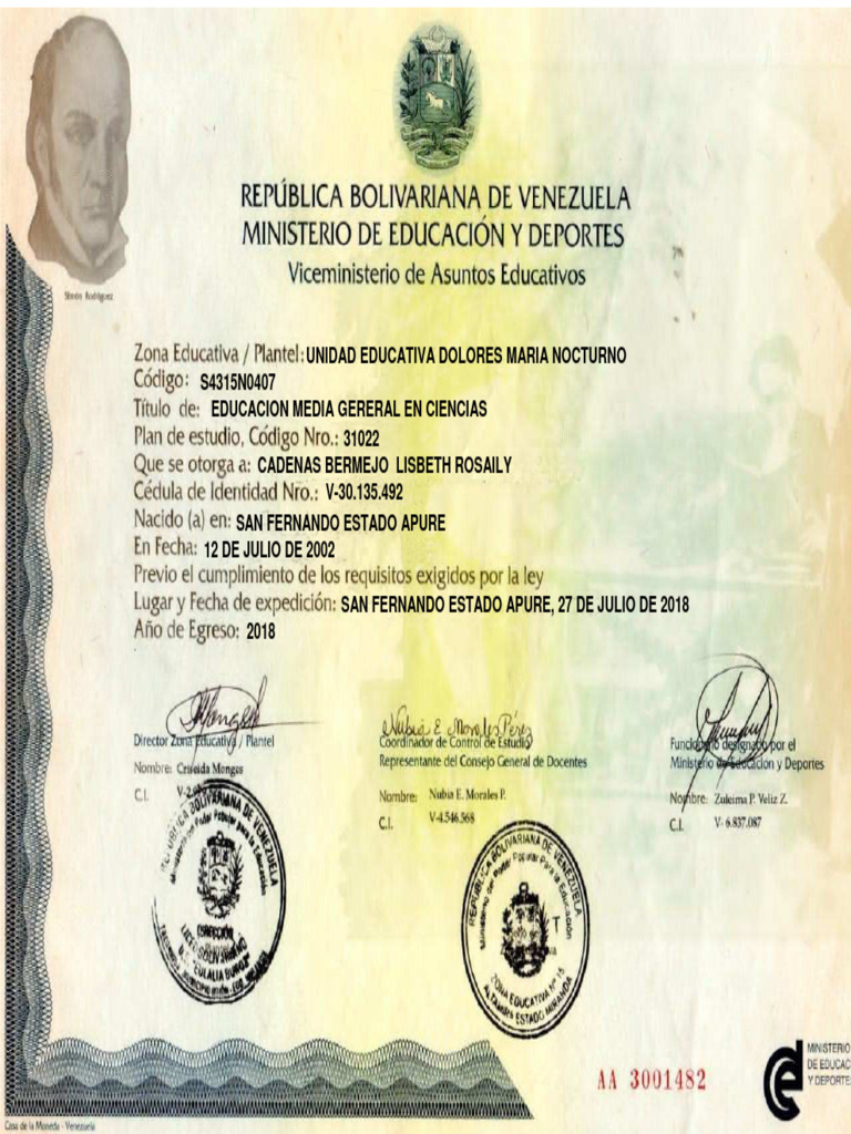 Cadenas Lisbeth Titulo de Bachiller | PDF