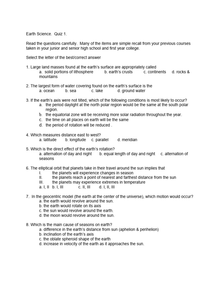 Earth-Science-quiz-1 (AutoRecovered) | PDF | Social Science | Travel