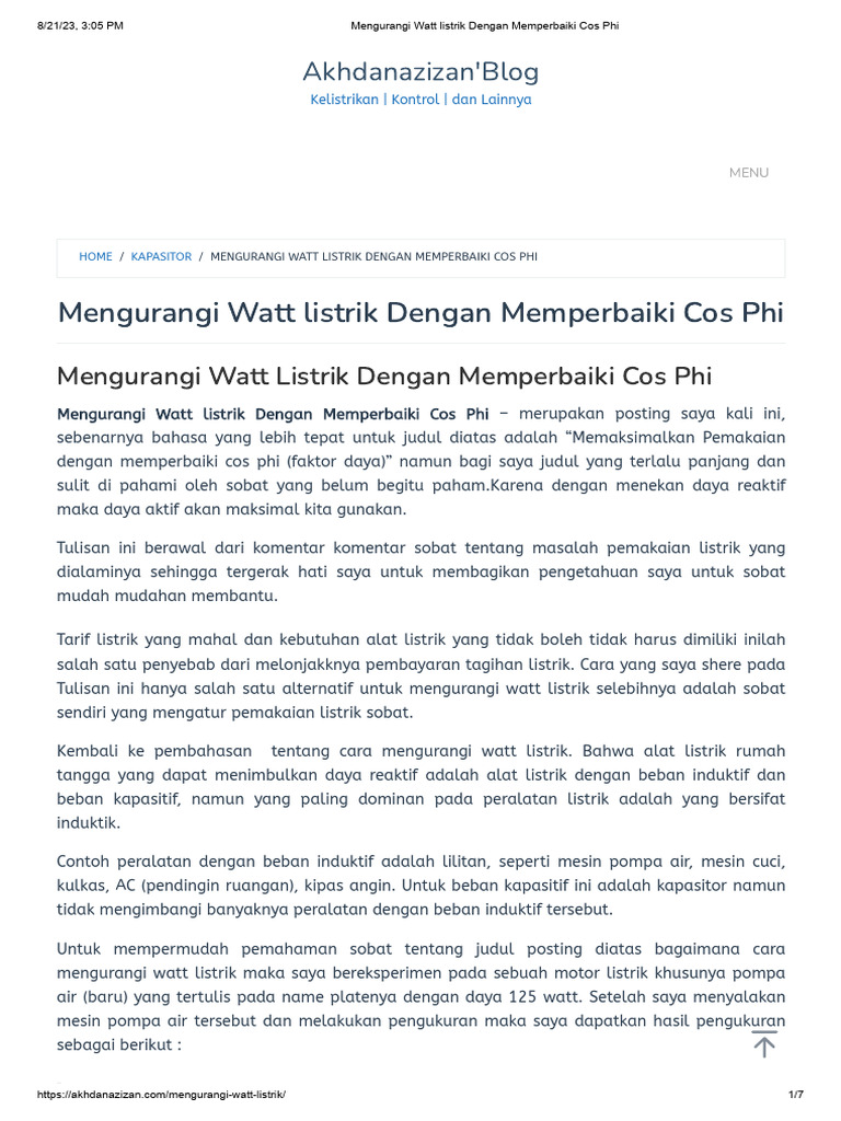 Mengurangi Watt Listrik Dengan Memperbaiki Cos Phi | PDF | Sains & Matematika