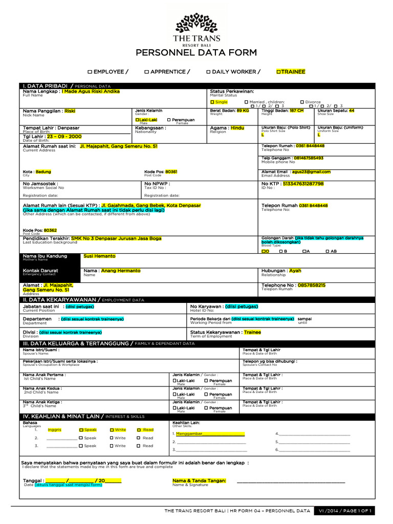 PERSONNEL DATA FORM (Contoh Yang Sudah Dilengkapi) | PDF