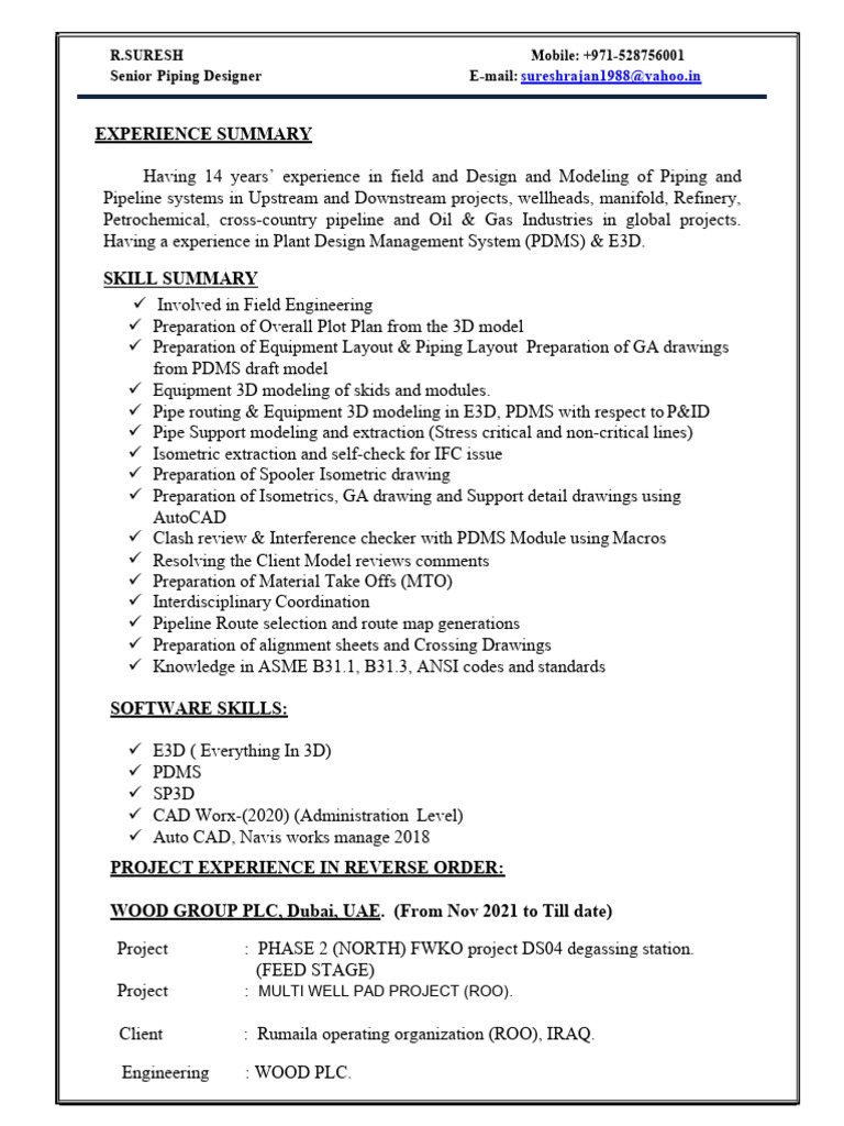 Suresh - Senior Piping Designer-14 Yrs Exp | PDF | Pipe (Fluid ...