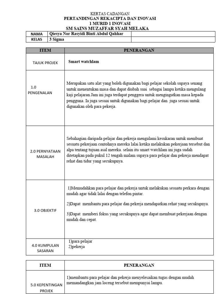Template Borang Cadangan Inovasi 1murid 1inovasi Mozac | PDF | Komputer